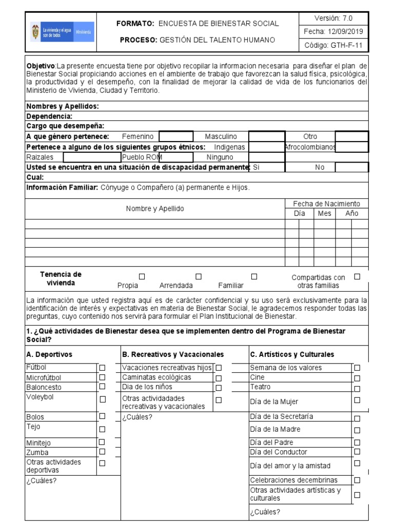 GTH-F-11 Encuesta de Bienestar Social 7.0 | PDF | Bienestar