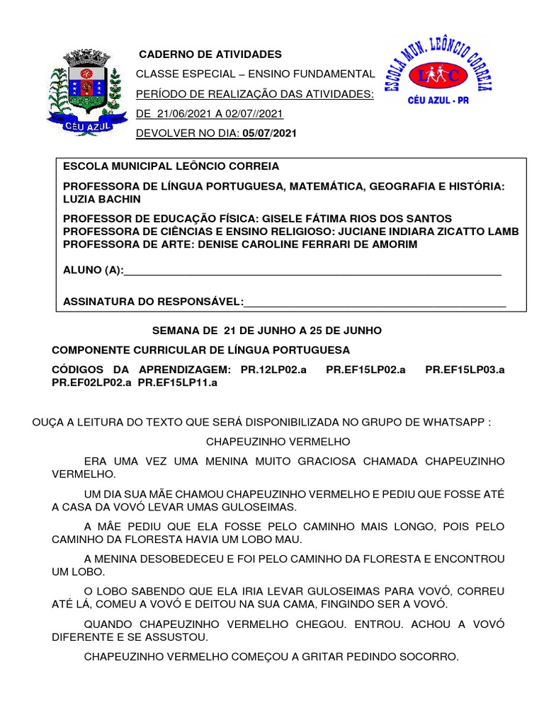 Atividades Classe Especial - Período de Realização 21-06-2021 A 02-07 ...