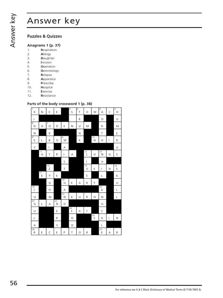 Body Parts Crossword Answer Key | PDF | Puzzles | Games Of Mental Skill