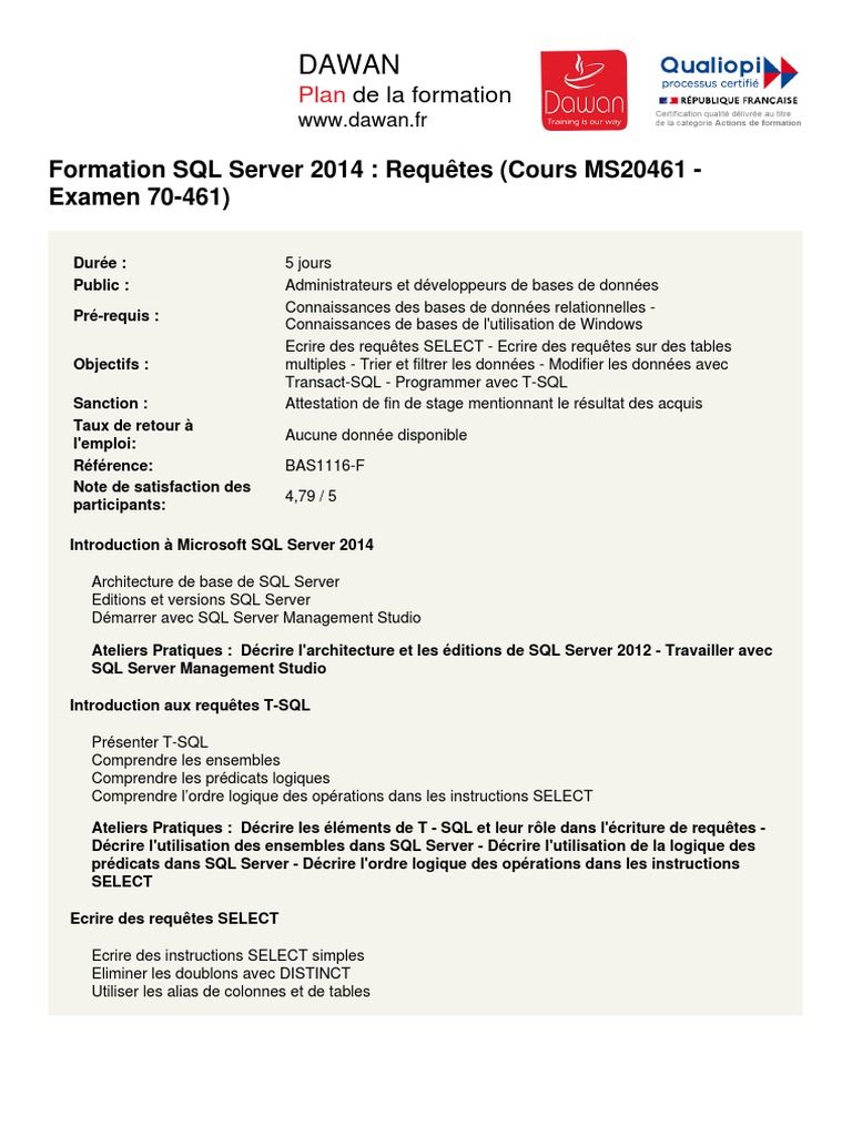 SQL Server 2014 Requetes (Cours MS20461 Examen 70 461) | PDF
