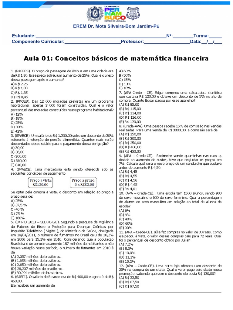 Aula 01 - Conceitos Básicos de Matemática Financeira | PDF