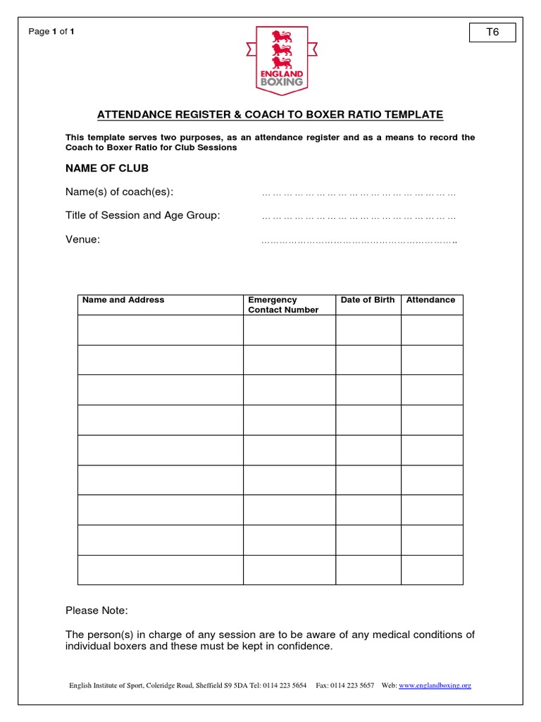 Attendance Register & Coach Ratio Template | PDF | Sports & Recreation
