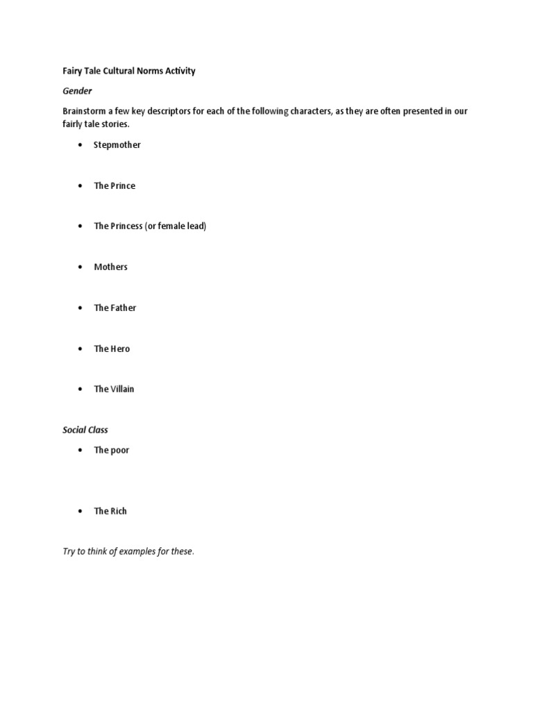 Fairy Tale Cultural Norms Activity | PDF | Social Science | General Fiction