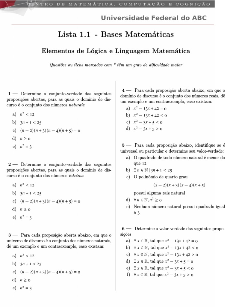 Lista 1 - Elementos de Lógica e Linguagem Matemática - Parte 1 | PDF