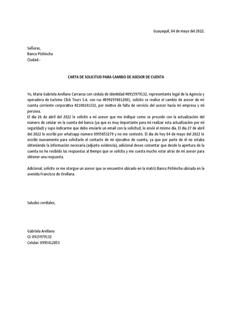 Carta de Solicitud para Cambio de Asesor de Cuenta | PDF