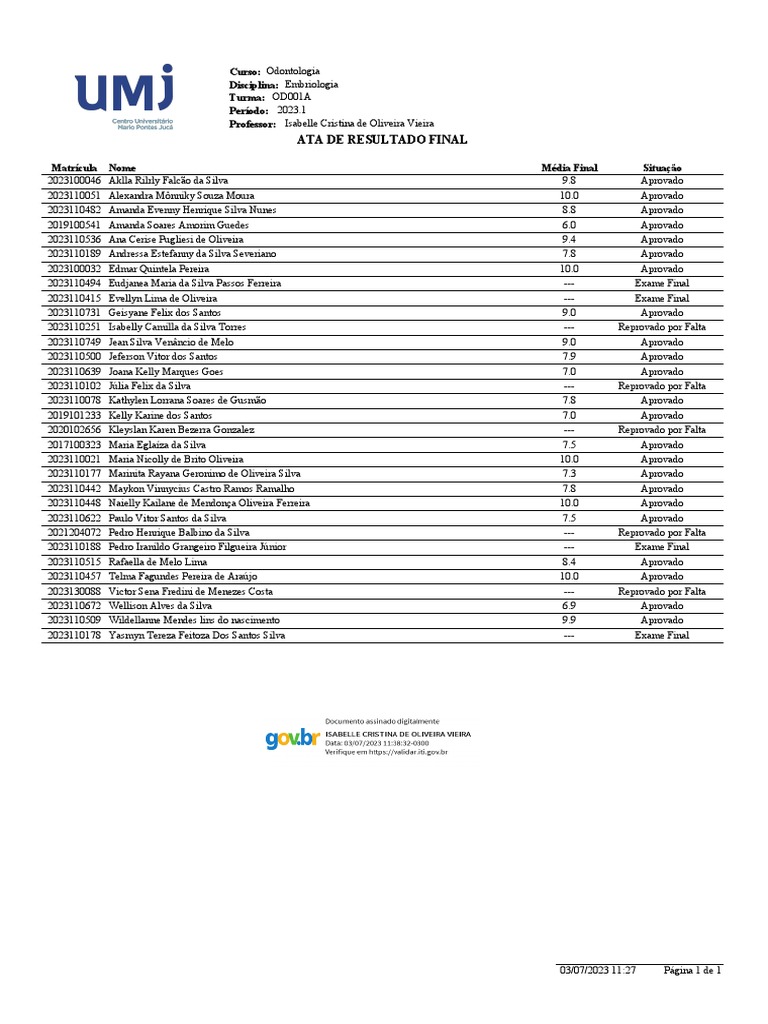 ATA RESULTADO FINAL EMBRIOLOGIA NOITE Assinado | PDF