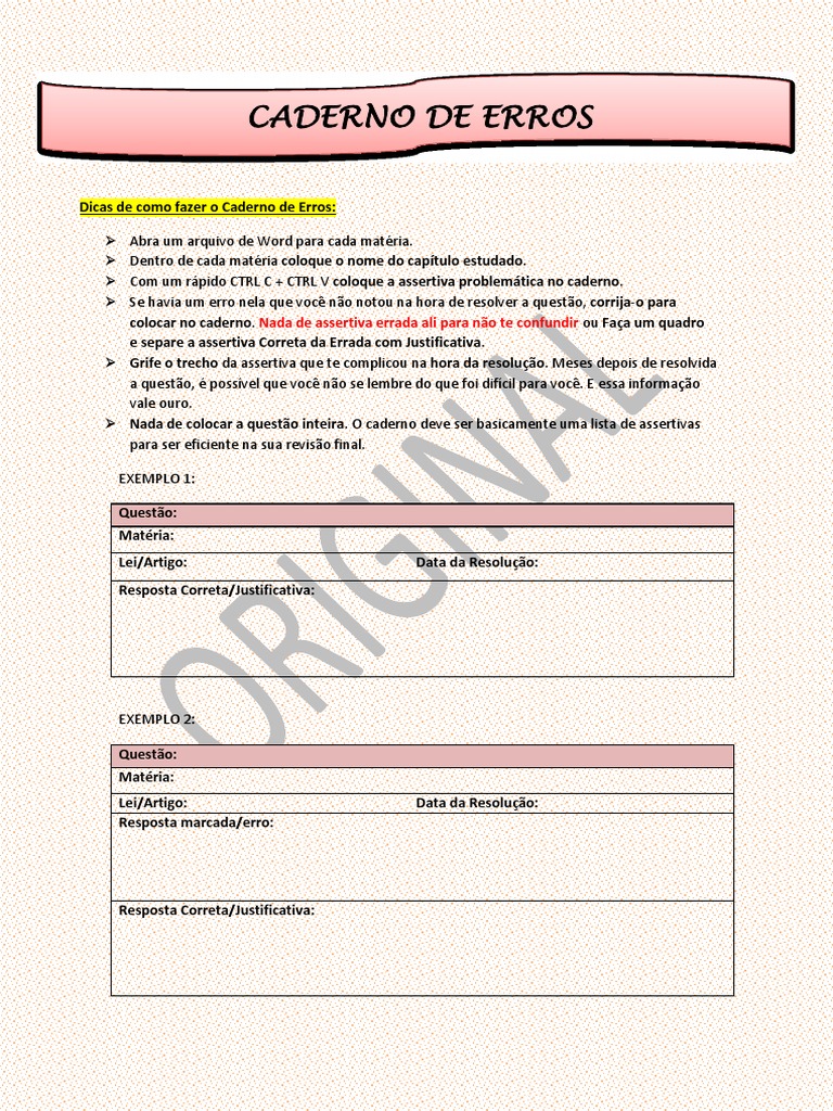 Exemplo de Caderno de Erro | PDF