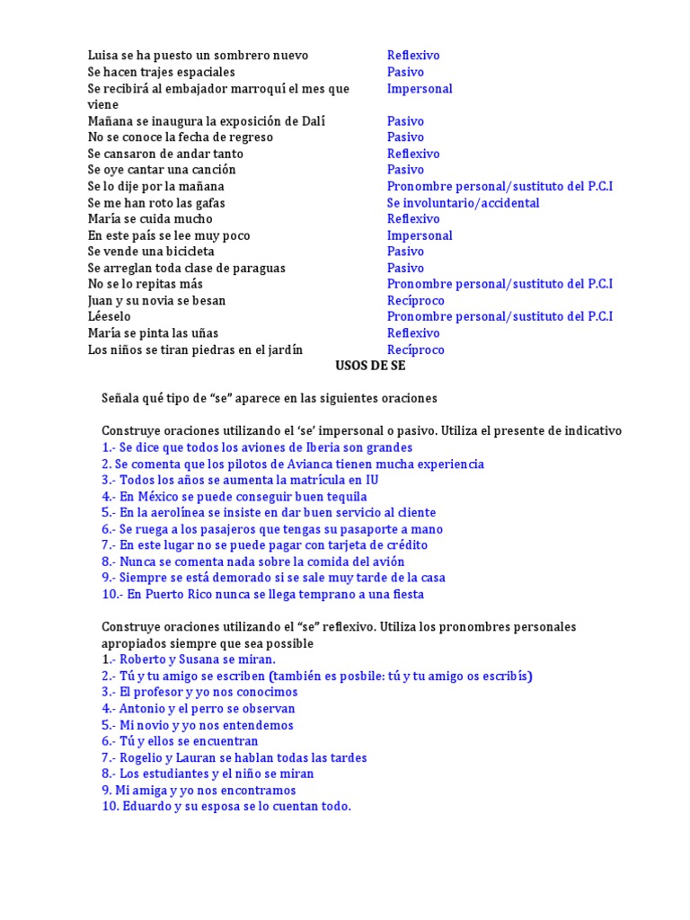 Usos del "se" en español: Ejemplos y tipos | PDF