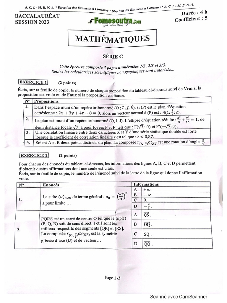 Sujet Maths Bac C 2023 | PDF