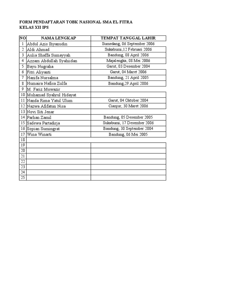 Form Pendaftaran Tobk Sma El Fitra Kelas X2 | PDF
