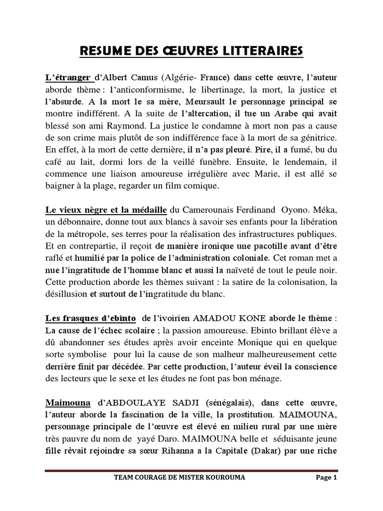 Resume D'oeuvres Litteraire | PDF