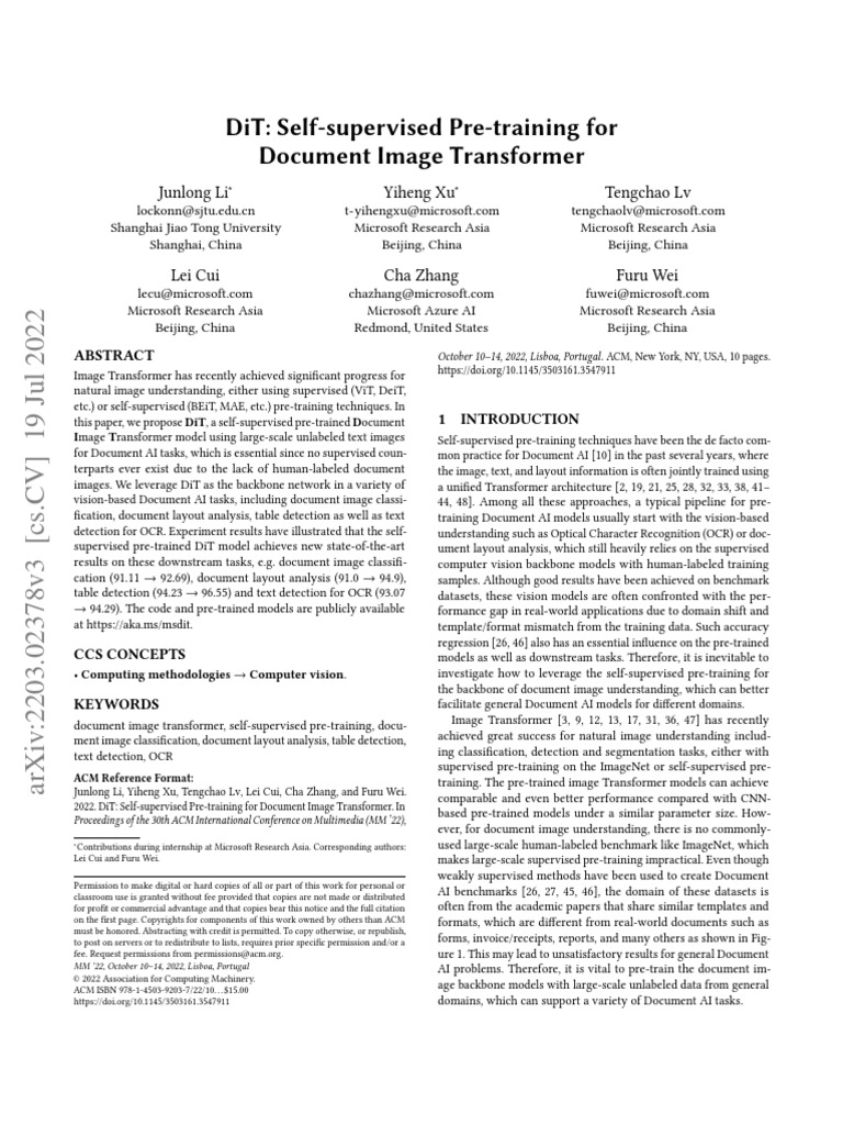 Dit Self-Supervised Pre-Training For Document Image Transformer | PDF