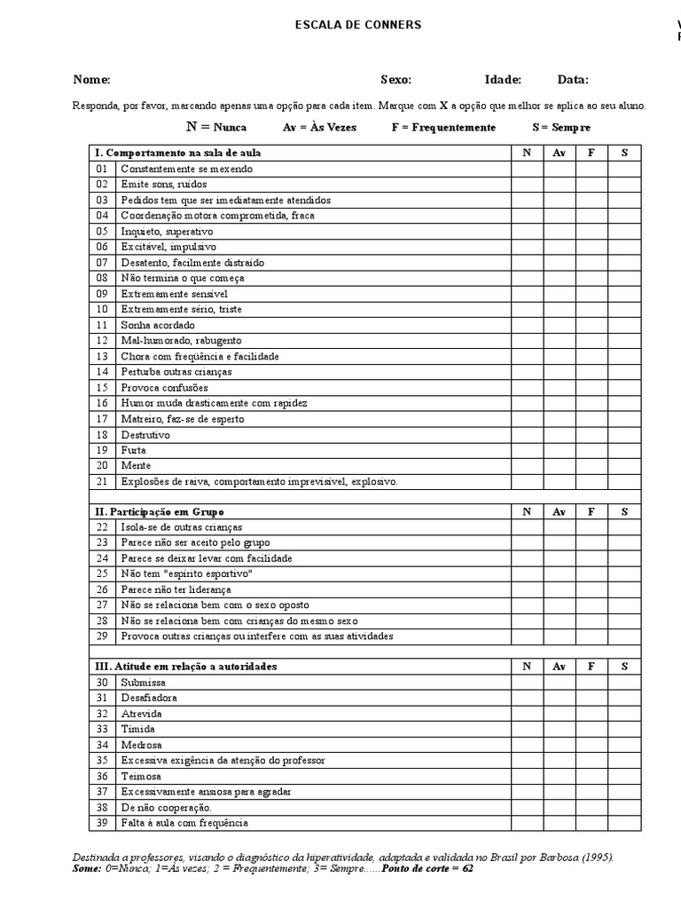 Escala de Conners Versao para Professores | PDF