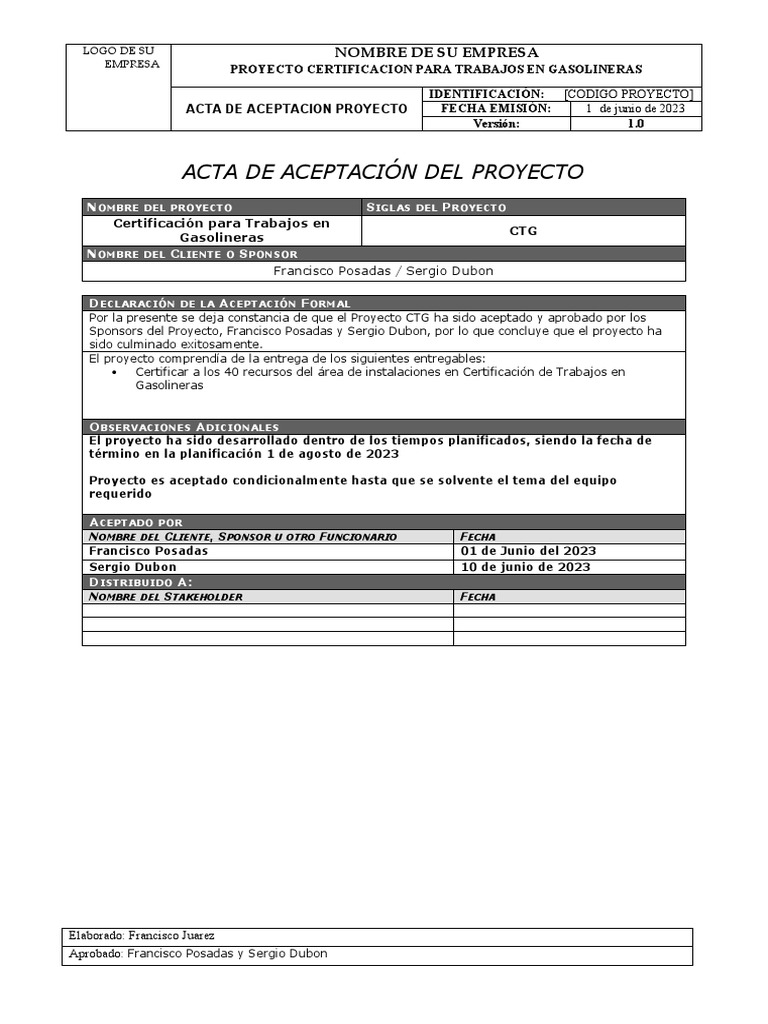 Acta de Aceptacion Del Proyecto - Ejemplo | PDF Acta de Aceptacion Del Proyecto - Ejemplo | PDF