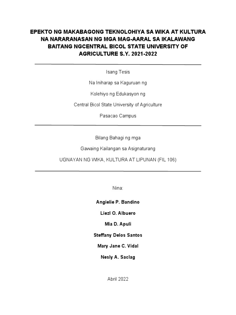 Epekto Ng Makabagong Teknolohiya Sa Wika at Kultura Na Nararanasan Ng Mga Mag Aaral... | PDF