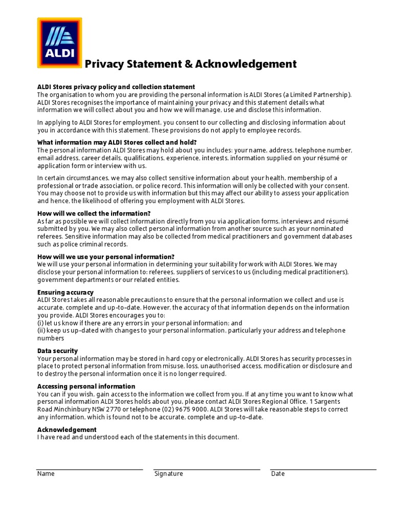 ALDI Privacy Statement & Acknowledgement | PDF | Privacy | Information