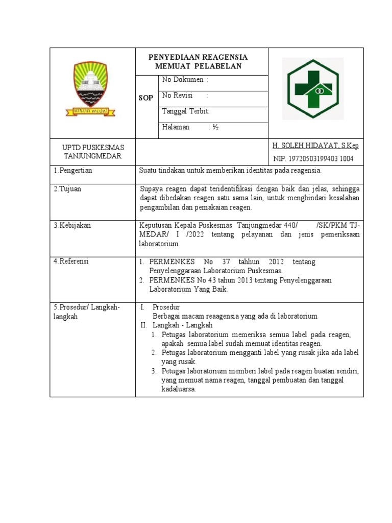 Sop Penyediaan Reagensia Memuat Pelabelan | PDF