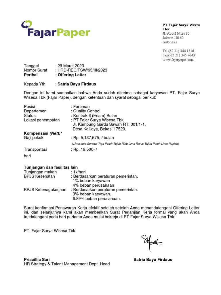 TTD Offering Letter - Satria Bayu Firdaus | PDF
