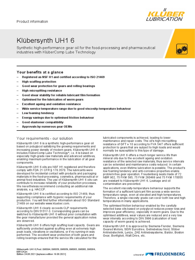 Klubersynth Uh1!6!100 Datasheet | PDF | Lubricant | Bearing (Mechanical)