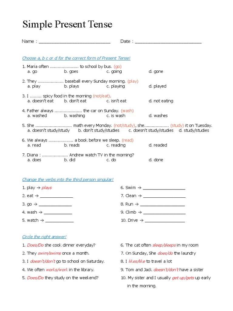 Exercise Simple Present Tense Grammar Drills Sentence Transformation