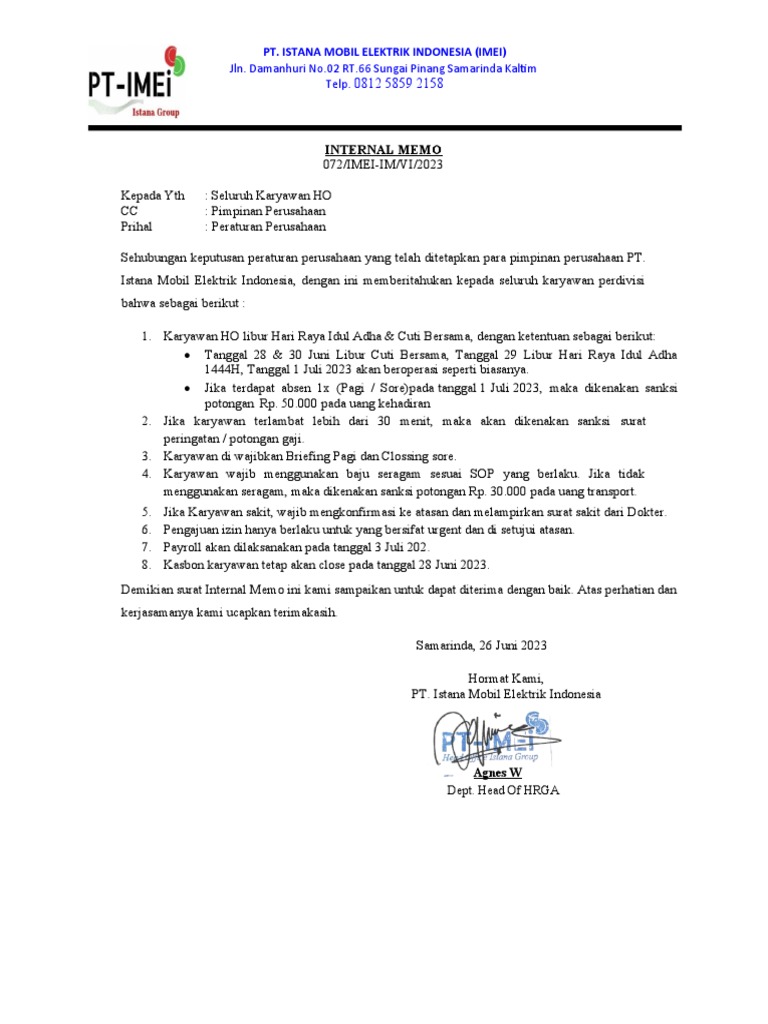 Internal Memo Peraturan Perusahaan | PDF