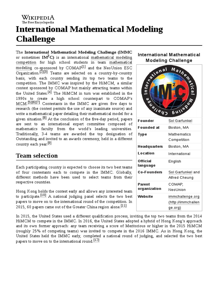 International Mathematical Modeling Challenge | PDF