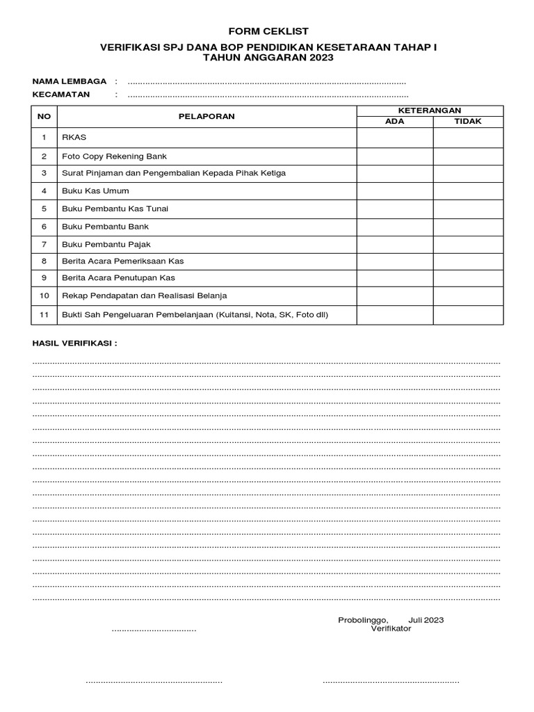! FORM CEKLIST VERIFIKASI SPJ BOP KESETARAAN TAHAP 1 2023 | PDF