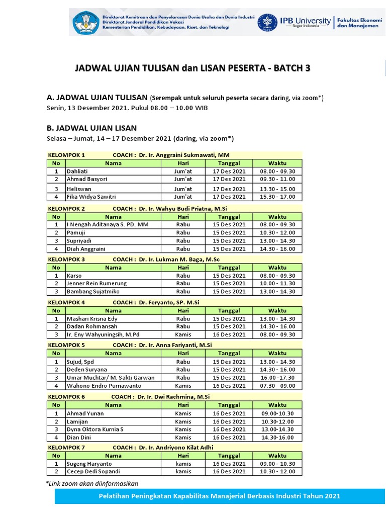 Jadwal Ujian Tulisan Dan Lisan - Peserta BATCH 3 | PDF