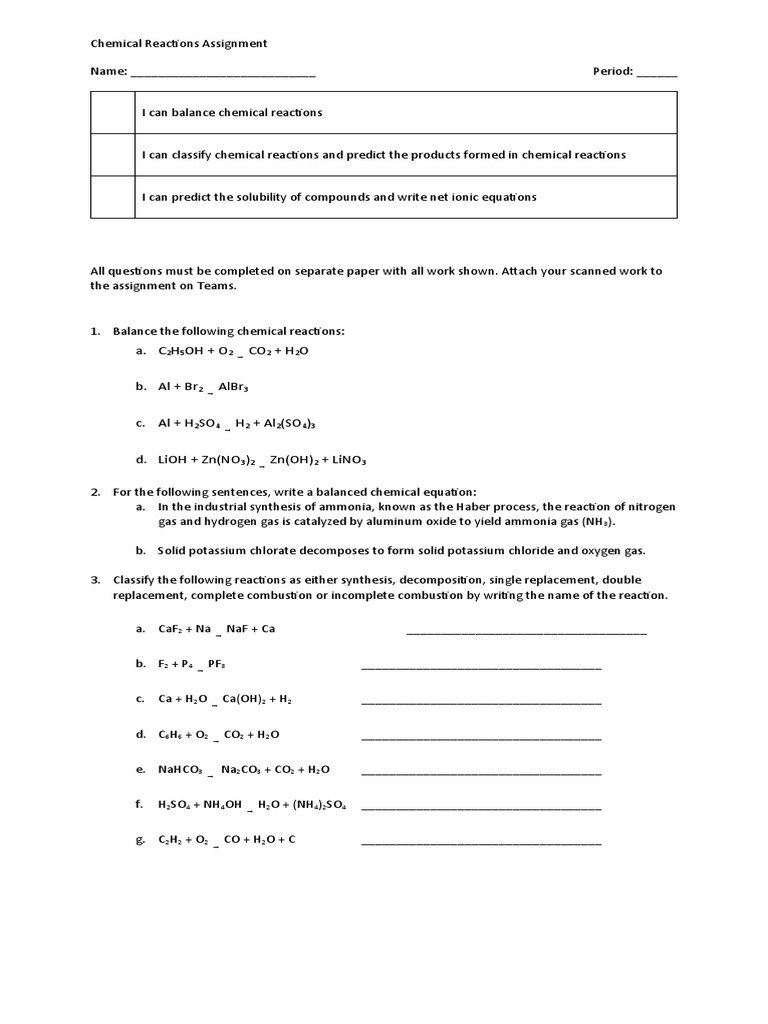 Chemical Reactions Take Home Assignment | PDF