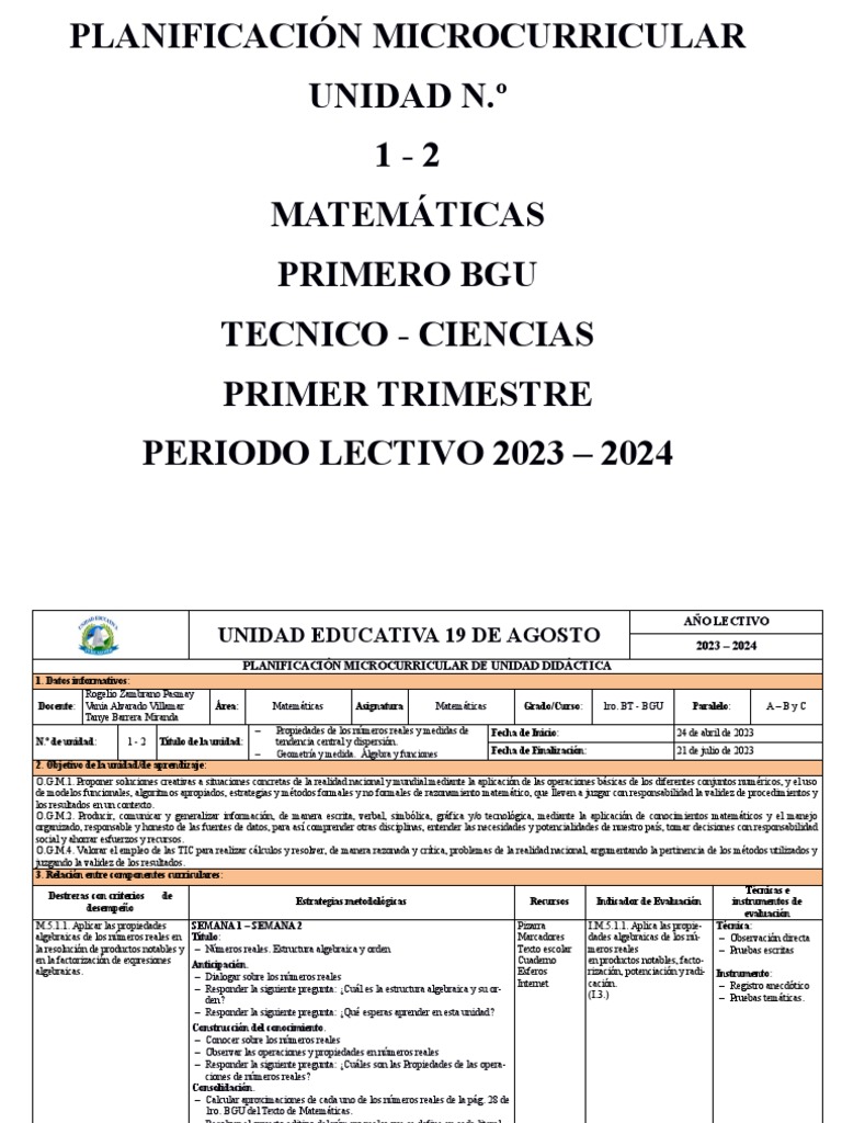 Planificación Matemáticas 1 BGU 2023-2024 | PDF | Espacio vectorial ...