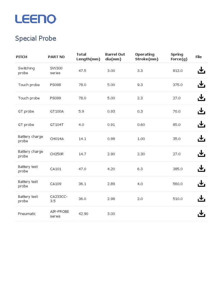 Spring Contact Probe Specifications | PDF
