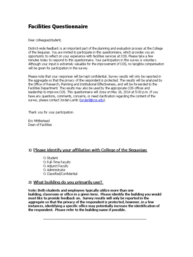 Facilities Questionnaire | PDF