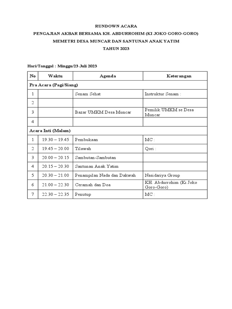 Rundown Acara Pengajian Akbar Desa Muncar 2023 | PDF