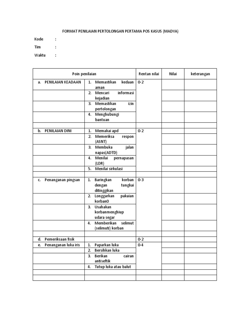 Format Penilaian Pertolongan Pertama Pos Kasus | PDF Format Penilaian Pertolongan Pertama Pos Kasus | PDF