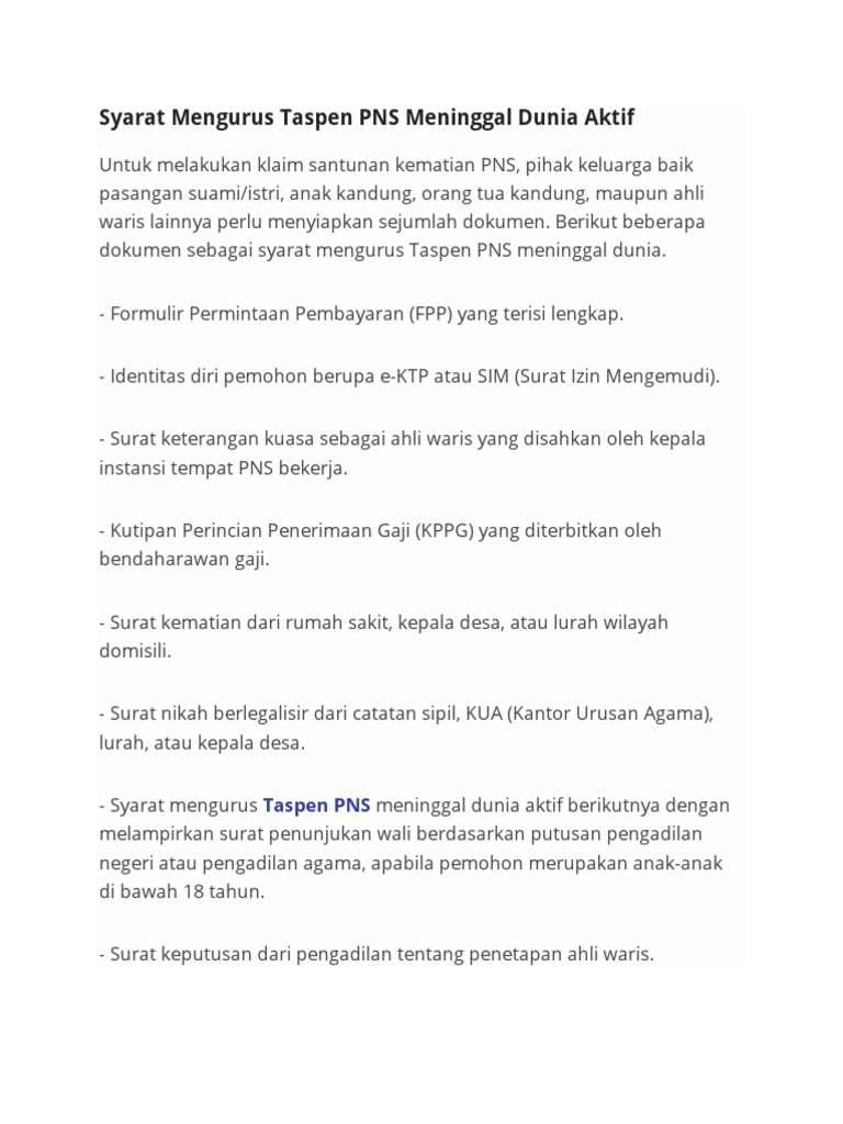 Syarat Mengurus Taspen PNS Meninggal Dunia Aktif | PDF | Pengelolaan Keuangan & Uang