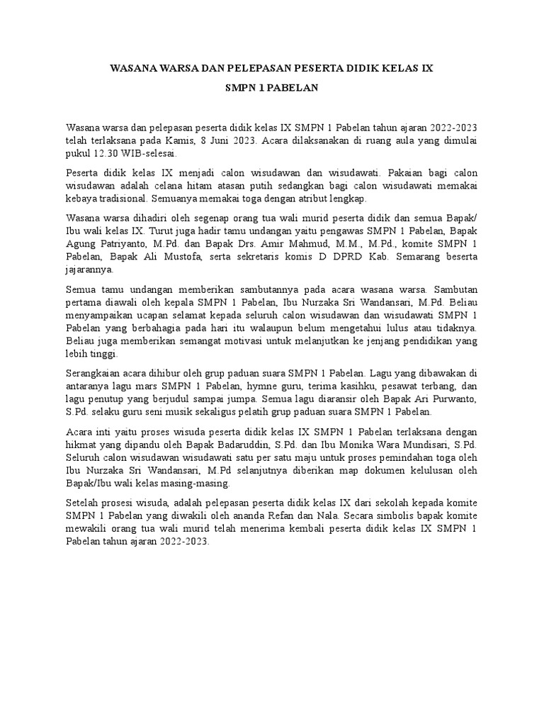 Wasana Warsa Dan Pelepasan Peserta Didik Kelas Ix | PDF