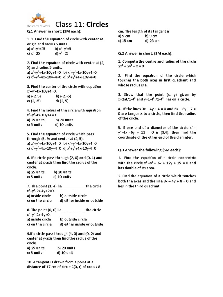 Circles Class 11 | PDF