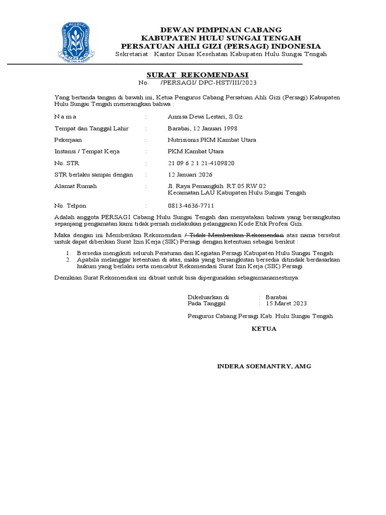 Rekomendasi (Sik) Persagi | PDF