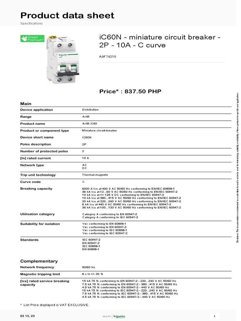 Acti 9 Ic60 - A9F74210 | PDF | Power (Physics) | Electrical Components