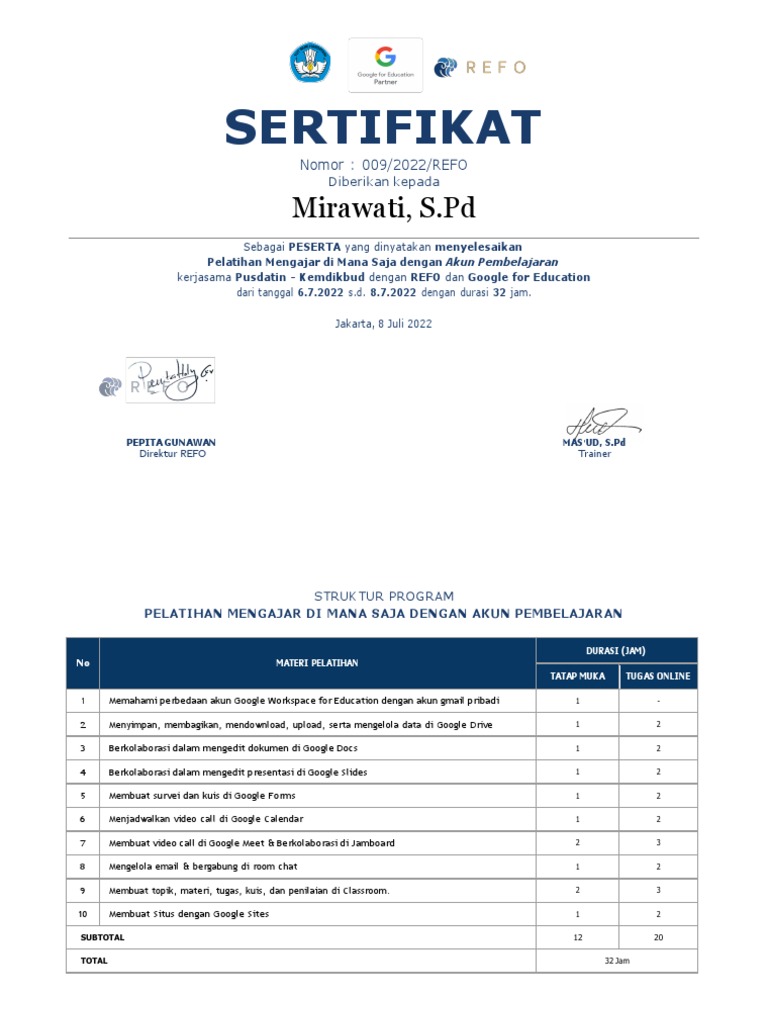 Sertifikat Pelatihan Google Education | PDF