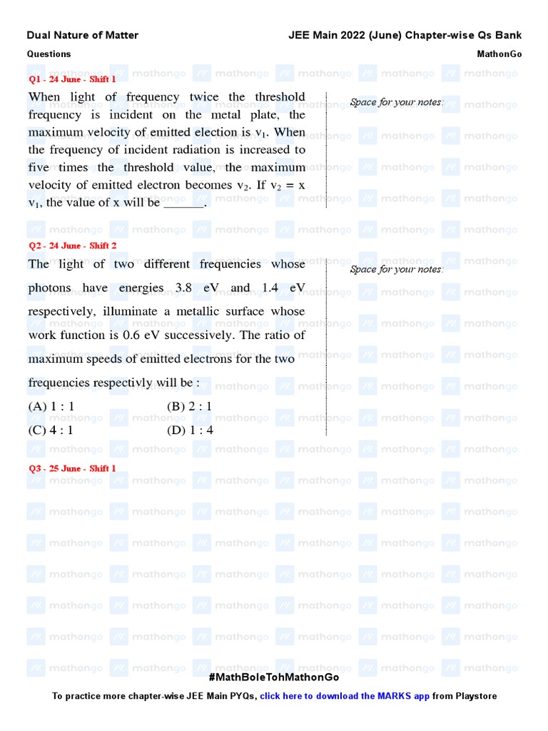 Dual Nature of Matter - JEE Main 2022 Chapter Wise Questions by ...