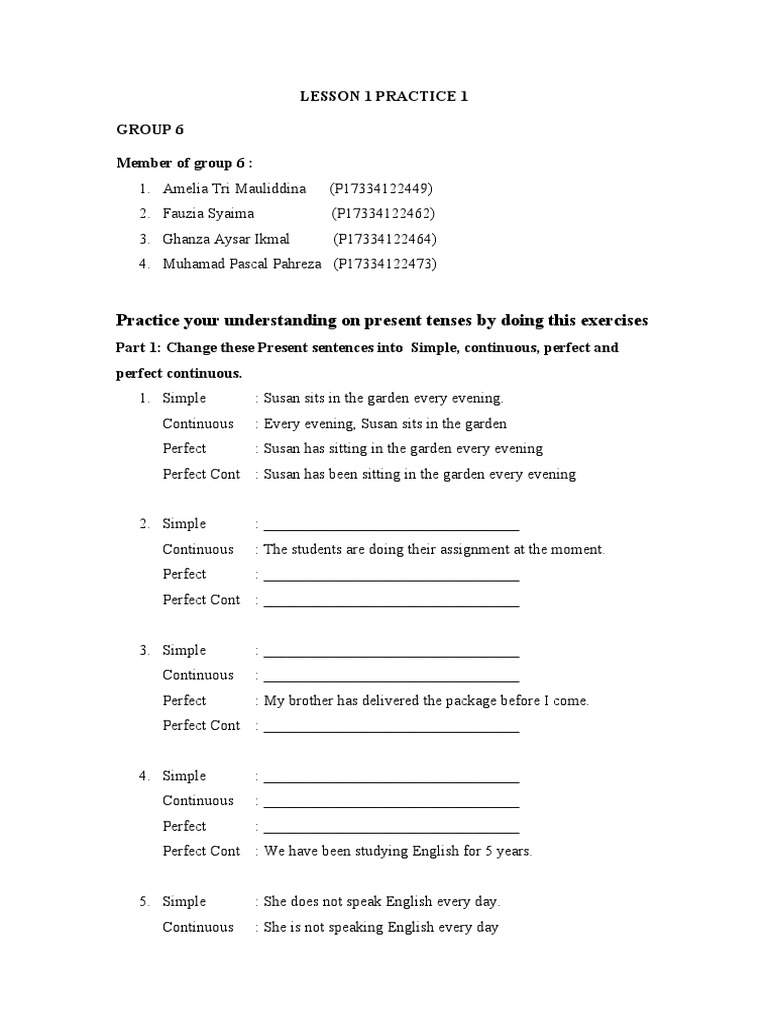 Lesson 1 Practice 1-Present Tenses | PDF