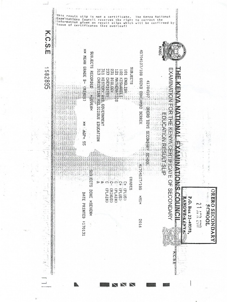 Scanned Results Slip and Kcpe Cert | PDF