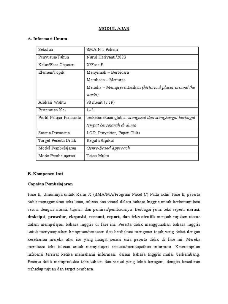 Modul Ajar Bahasa Inggris - Descriptive Text 2 | PDF