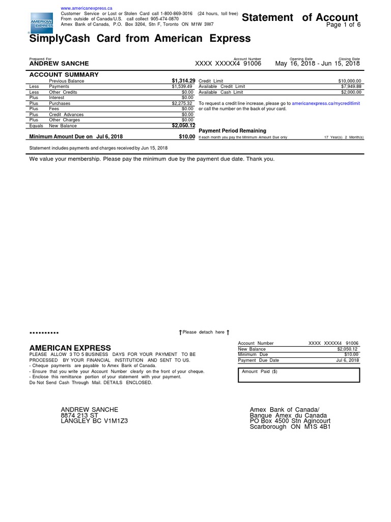 Amex Canada Simply Cash Statement | PDF