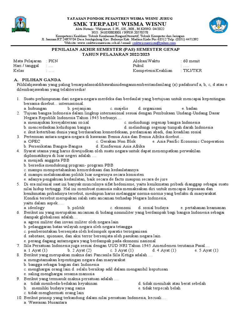 PKN Xi Soal Pas Genap 2023 | PDF