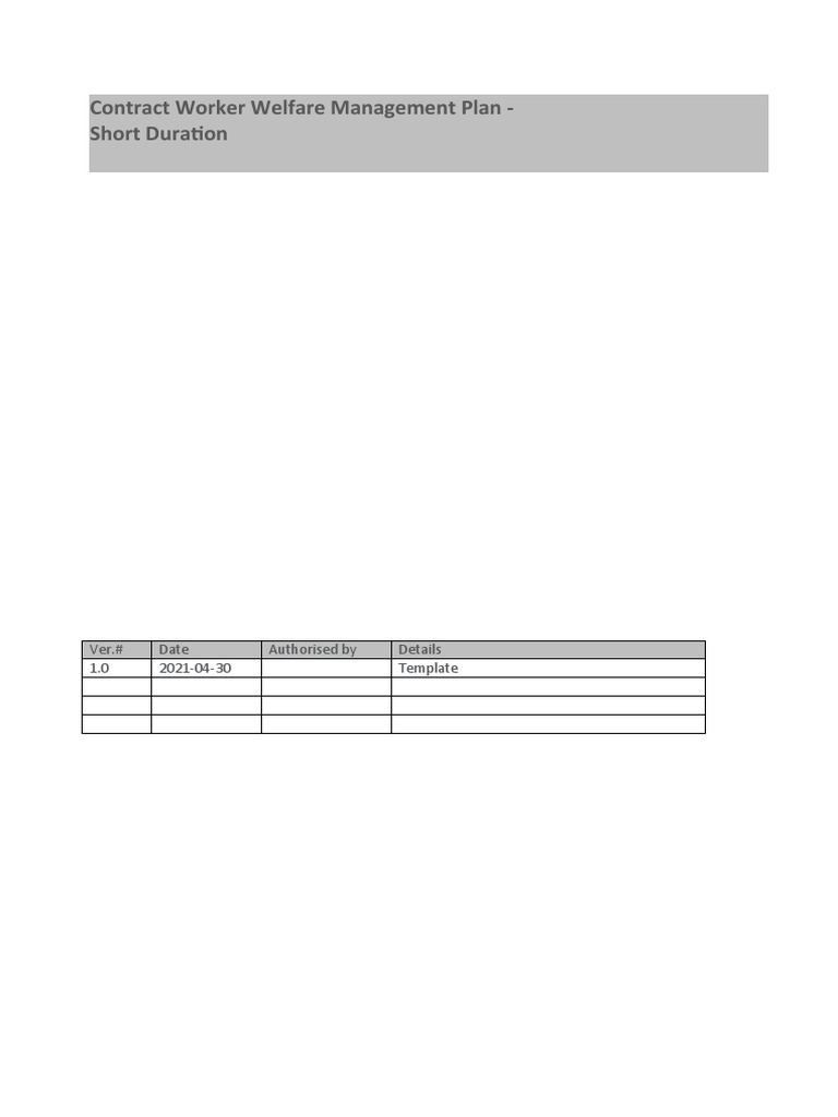Contract Worker Welfare Management Plan - Short Duration TEMPLATE | PDF ...