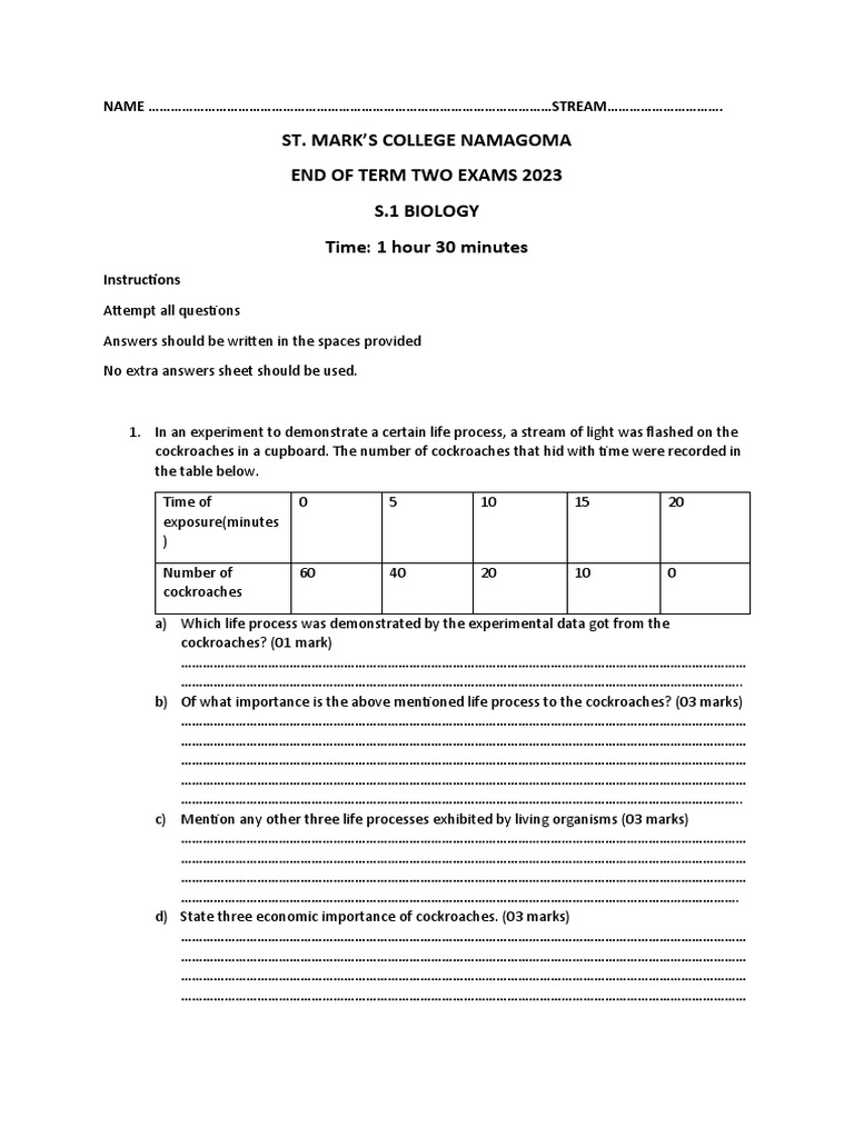 End of Term Two Exam s1 | PDF | Biology