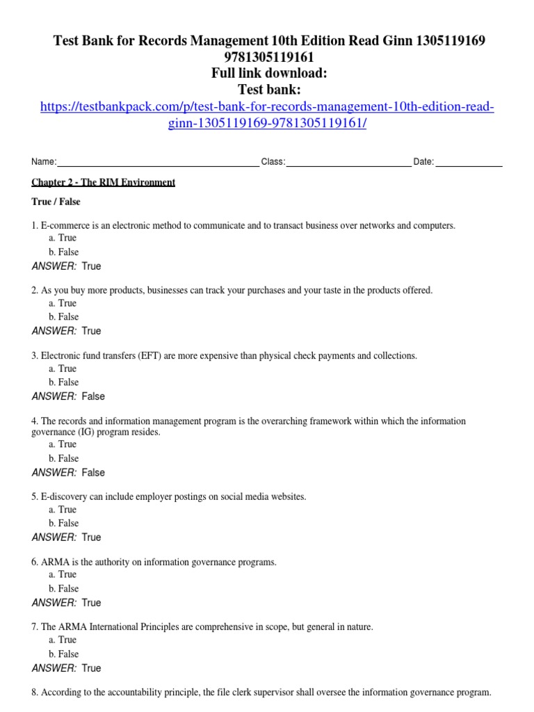 Records Management 10th Edition Read Ginn Test Bank | PDF | Records ...