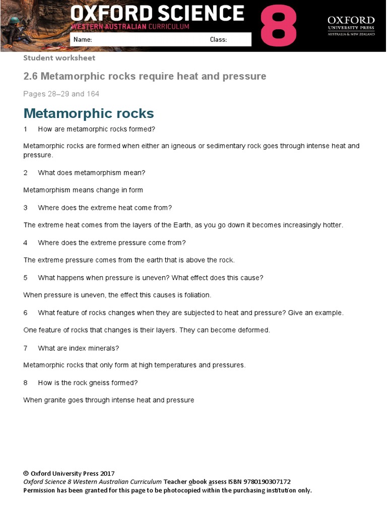 Oxford Worksheet 2.6 - Metamorphic Rocks | PDF